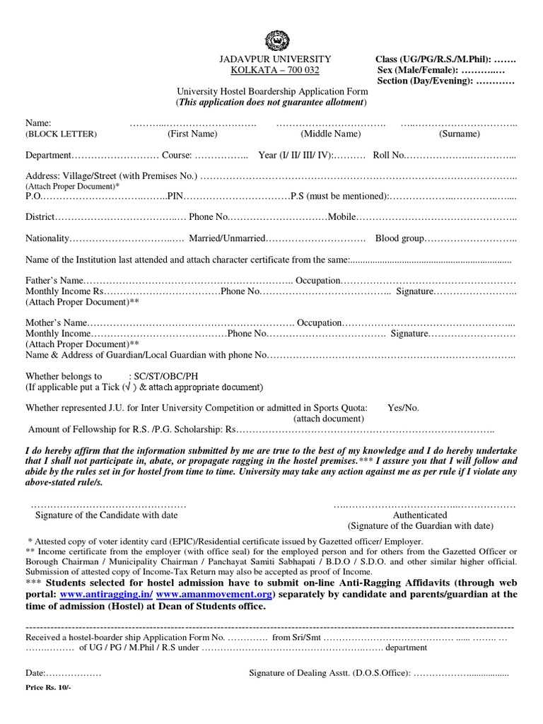 Hostel Form | PDF