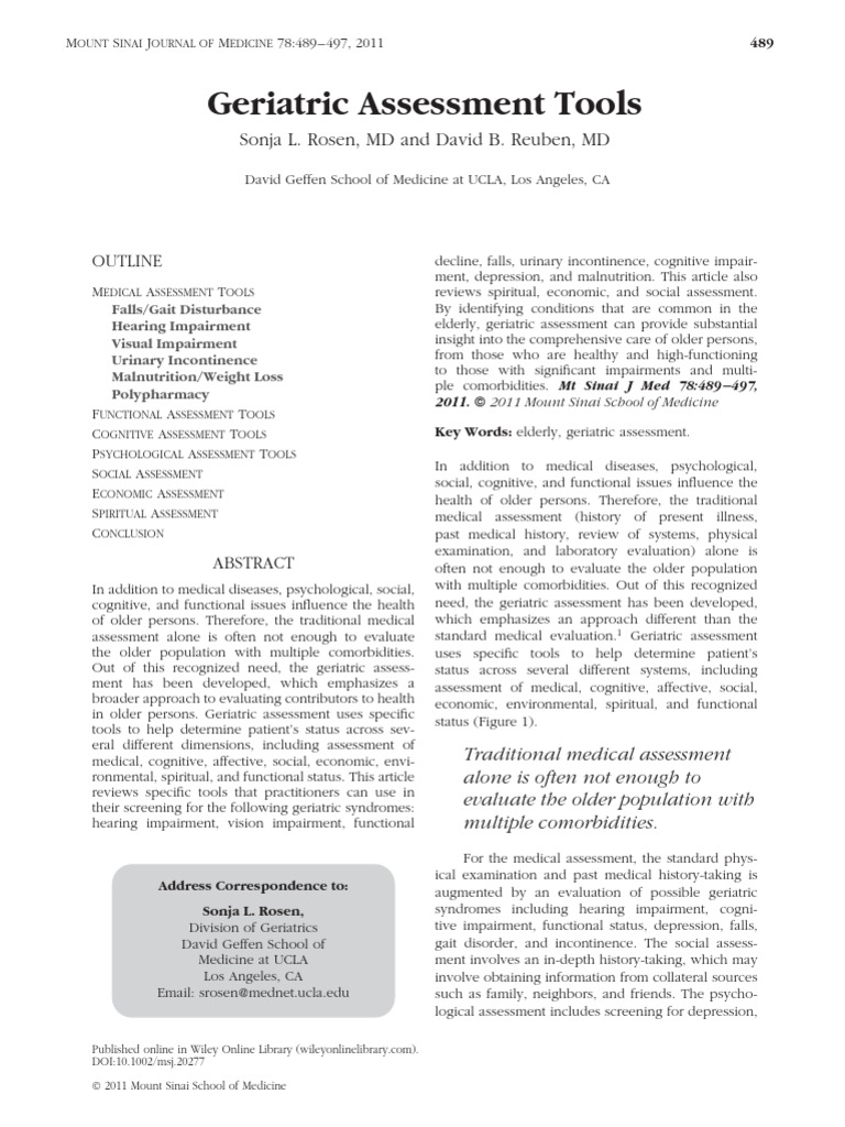 Geriatric Assessment Tools Overview | PDF | Geriatrics | Psychological ...