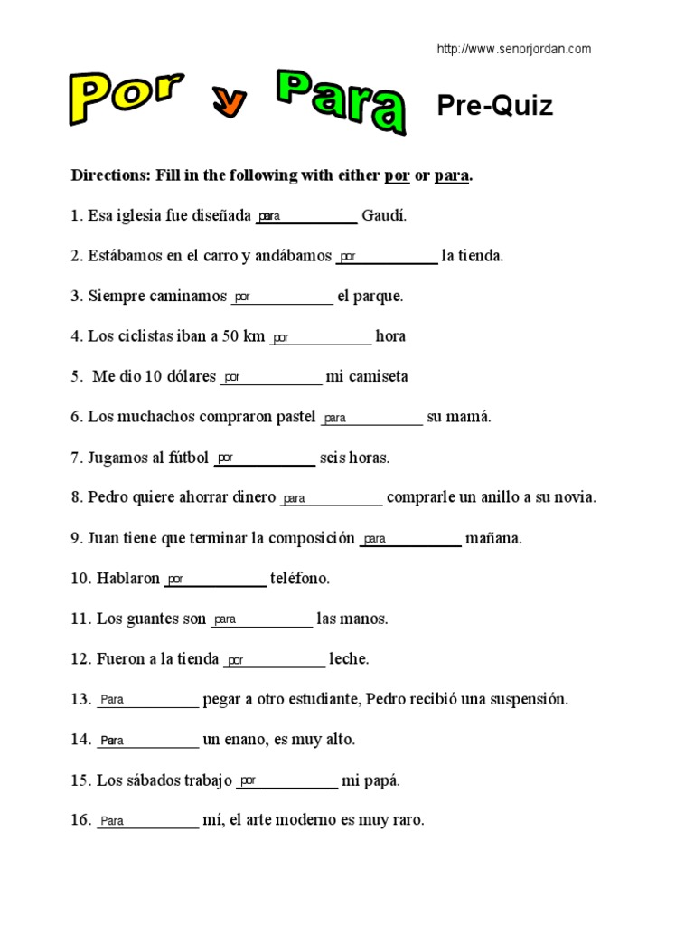 Uso de "por" y "para" en español | PDF