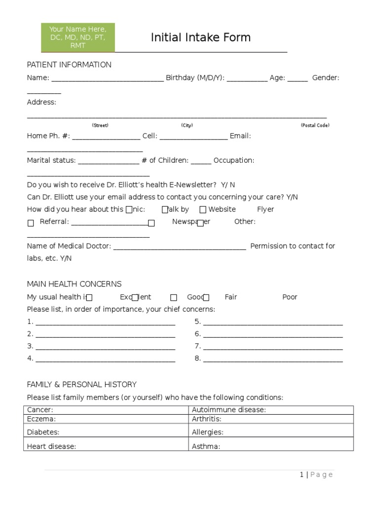 Initial Intake Form: Patient Information | Download Free PDF | Bloating ...