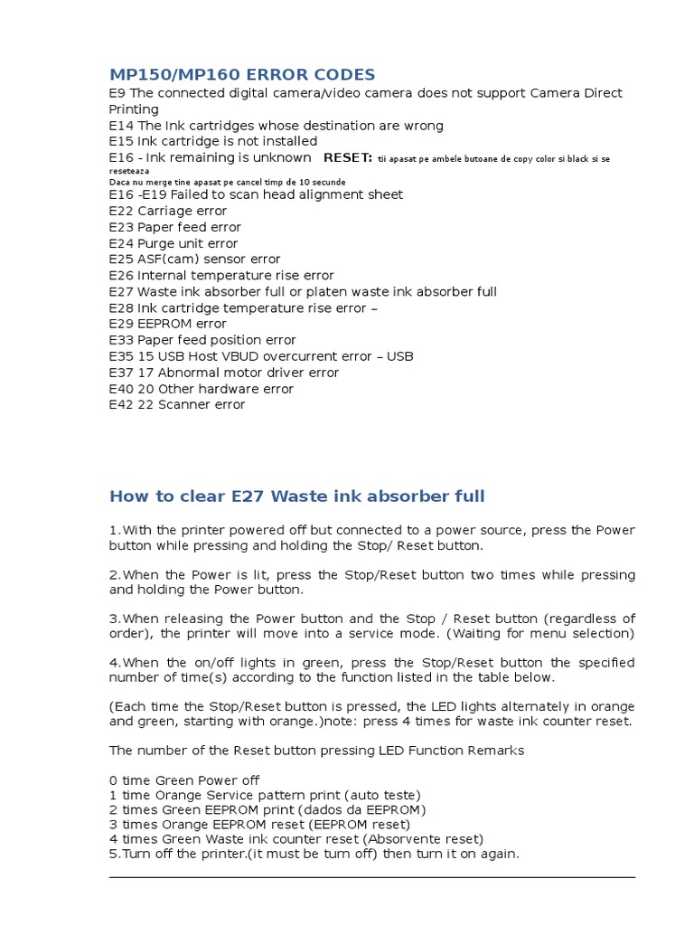 Troubleshooting Error Codes and Resetting the Waste Ink Absorber on an Epson Printer | PDF ...