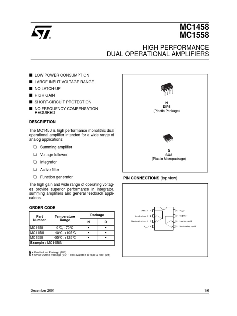 MC1458 MC1558: High Performance Dual Operational Amplifiers | PDF | Operational Amplifier ...