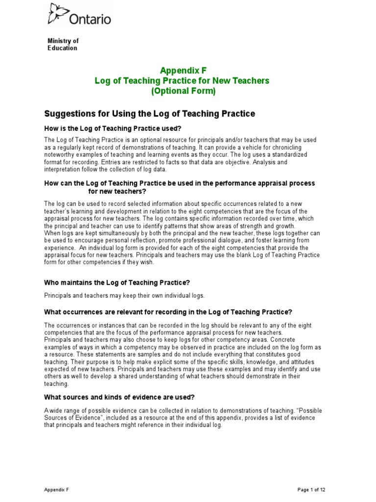 Appendix F Log of Teaching Practice For New Teachers (Optional Form ...