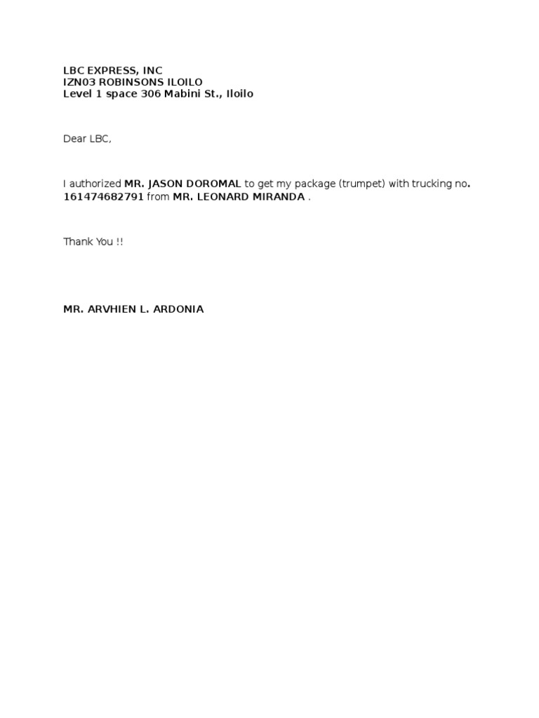 Dear LBC,: LBC Express, Inc Izn03 Robinsons Iloilo Level 1 Space 306 ...