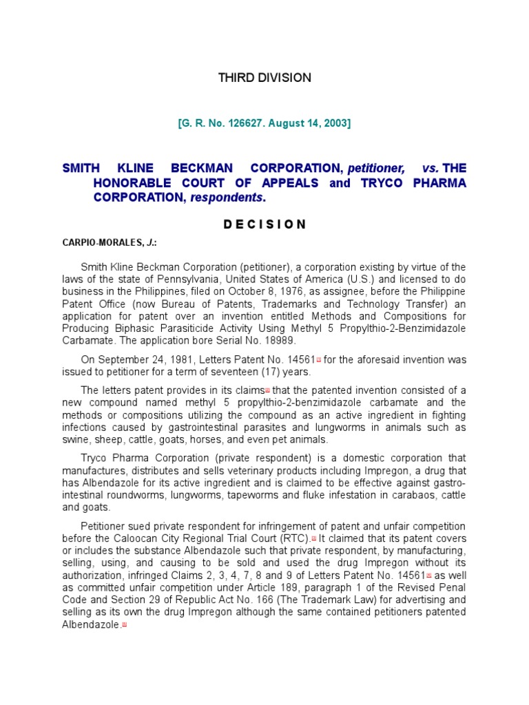 Smith Kline Beckman Corporation Petitioner vs. The Honorable Court of ...