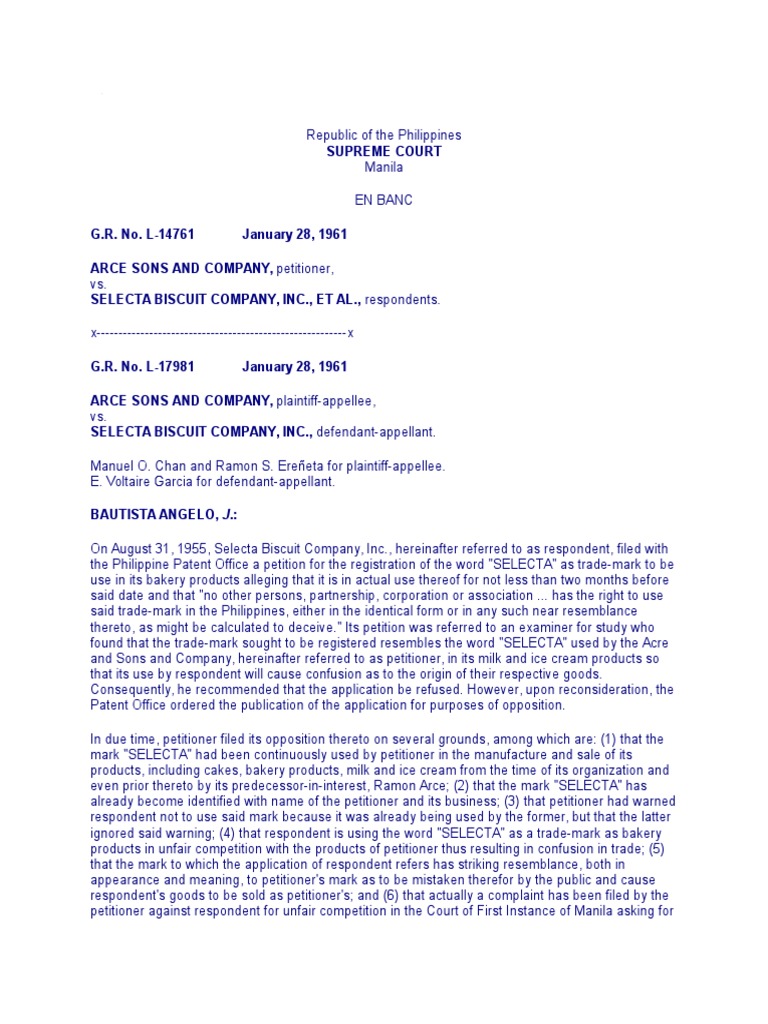 Arce Sons & Company vs. Selecta | PDF | Trademark | Lawsuit