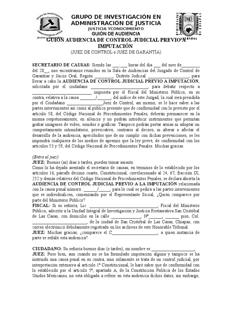 Guión Audiencia de Control Judicial Previo A Imputación | Descargar gratis PDF | Juez ...