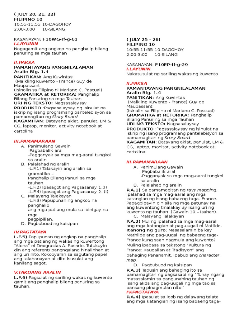 Lesson Plan Fil 10 | PDF