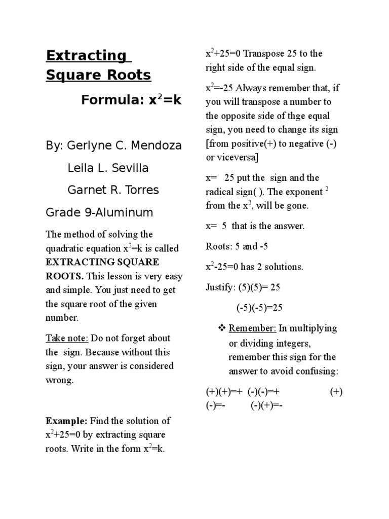Extracting Square Roots: Formula: X K | PDF