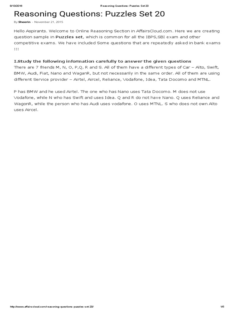 Reasoning Questions: Puzzles Set 20: by - November 21, 2015 | PDF