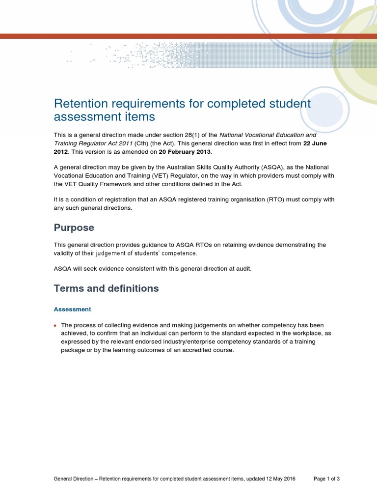 ASQA Evidence Retention Guidelines | PDF | Educational Assessment ...
