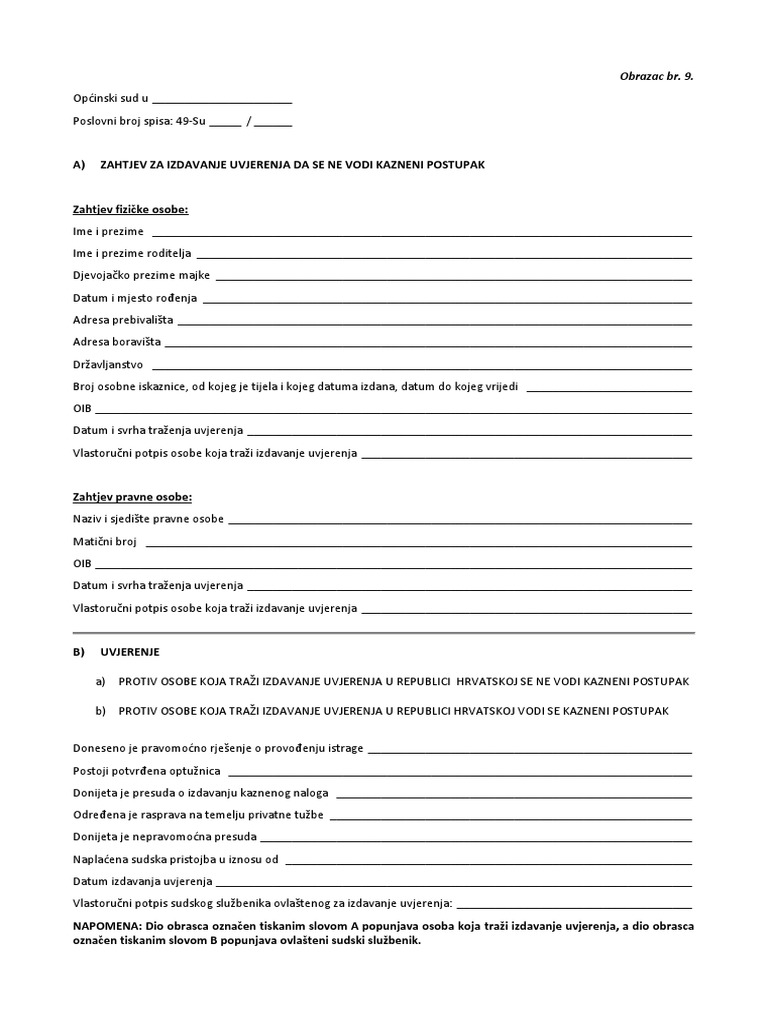 Obrazac Br.9-Uvjerenje o Nekažnjavanju | PDF