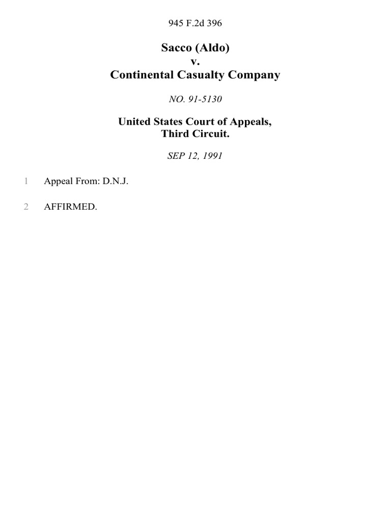 Sacco (Aldo) v. Continental Casualty Company, 945 F.2d 396, 3rd Cir ...