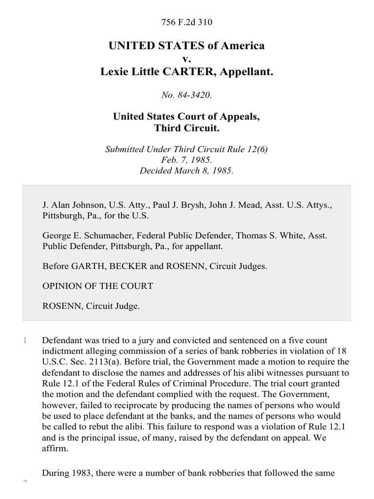 United States v. Lexie Little Carter, 756 F.2d 310, 3rd Cir. (1985 ...