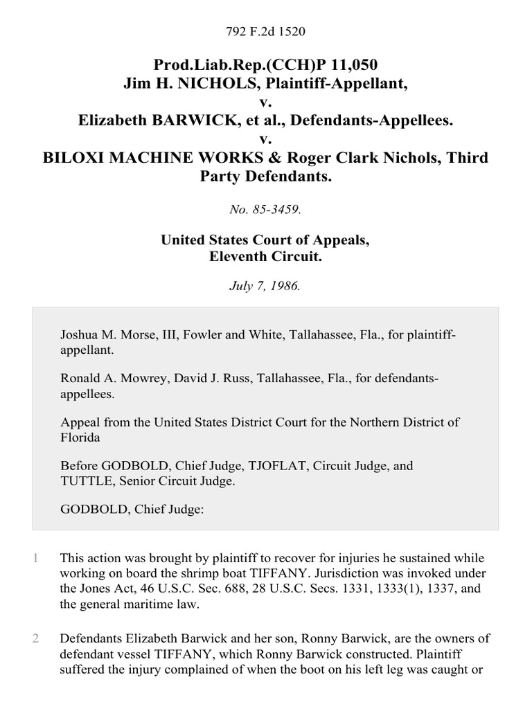 Prod - Liab.rep. (CCH) P 11,050 Jim H. Nichols v. Elizabeth Barwick v ...