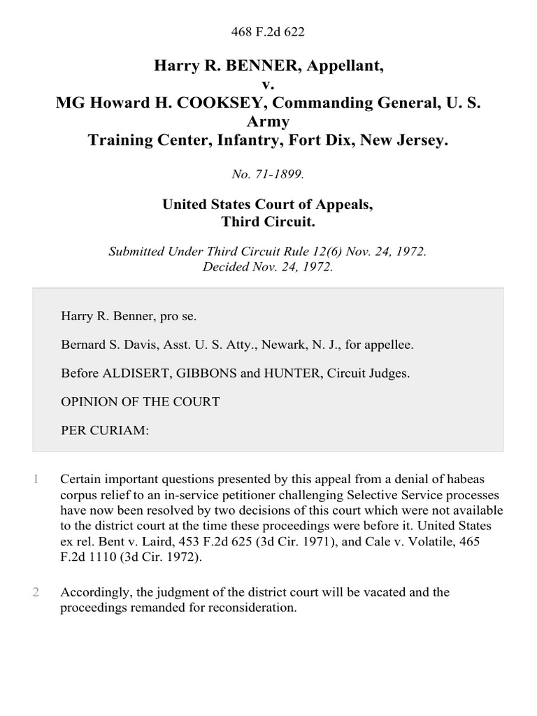 Harry R. BENNER, Appellant, v. MG Howard H. COOKSEY, Commanding General ...