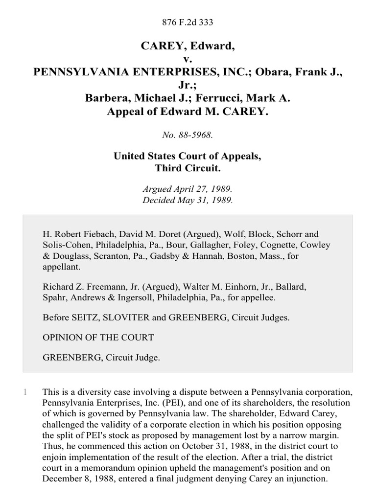 CAREY, Edward, v. Pennsylvania Enterprises, Inc. Obara, Frank J., Jr ...