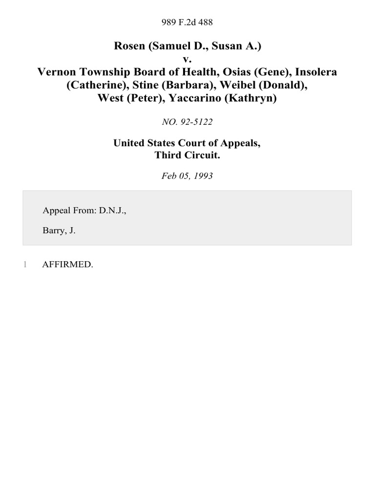 Rosen (Samuel D., Susan A.) v. Vernon Township Board of Health, Osias ...