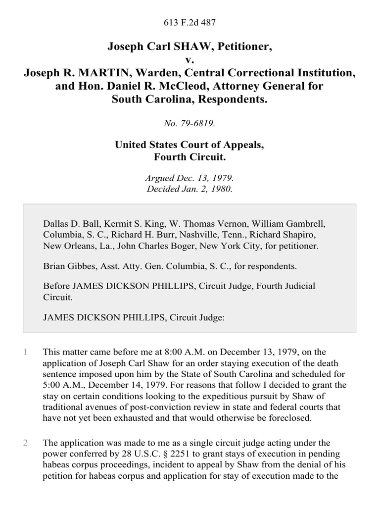 Joseph Carl Shaw v. Joseph R. Martin, Warden, Central Correctional ...