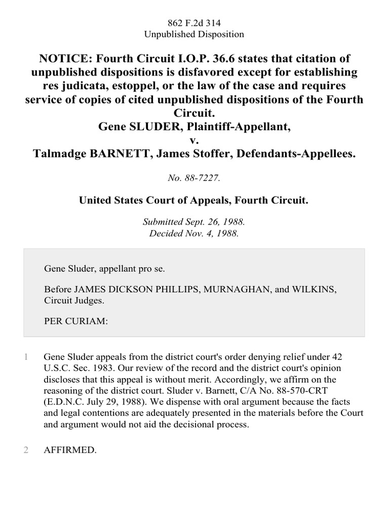 Gene Sluder v. Talmadge Barnett, James Stoffer, 862 F.2d 314, 4th Cir ...