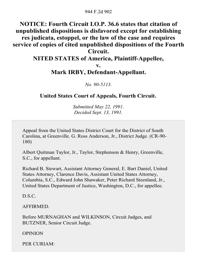 Nited States of America v. Mark Irby, 944 F.2d 902, 4th Cir. (1991 ...