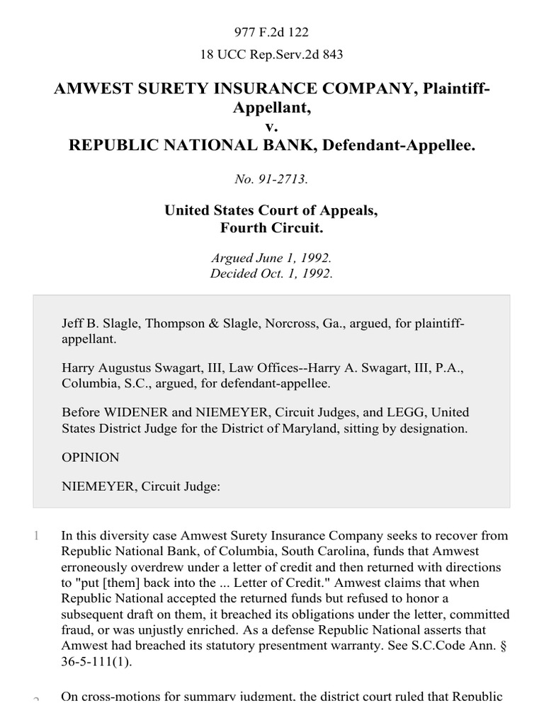 Amwest Surety Insurance Company v. Republic National Bank, 977 F.2d 122 ...