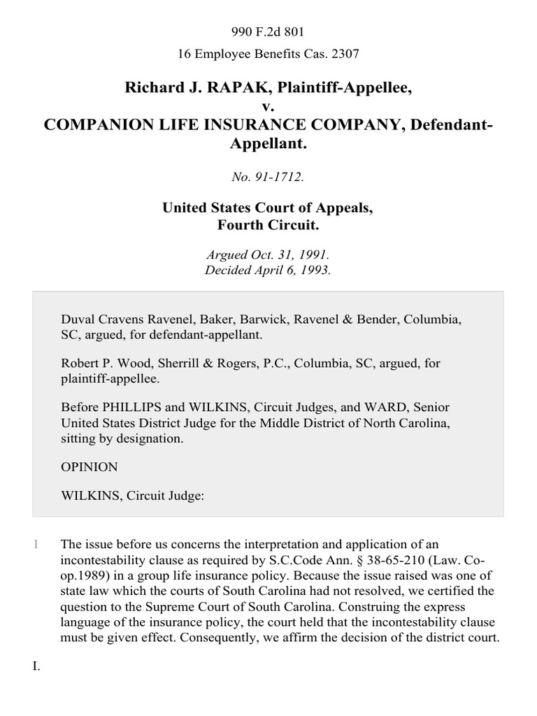 Richard J. Rapak v. Companion Life Insurance Company, 990 F.2d 801, 4th ...