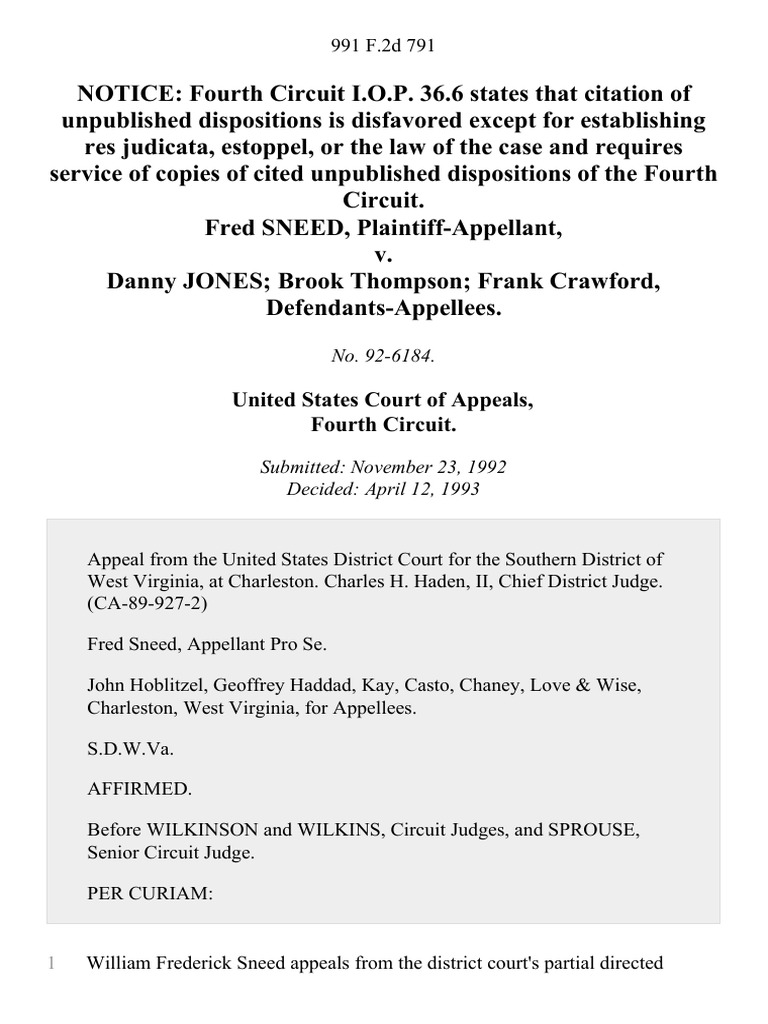 Fred Sneed v. Danny Jones Brook Thompson Frank Crawford, 991 F.2d 791 ...