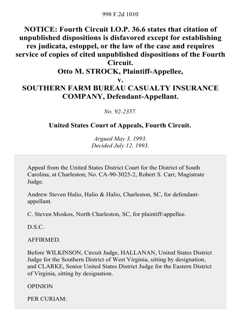 Otto M. Strock v. Southern Farm Bureau Casualty Insurance Company, 998 ...