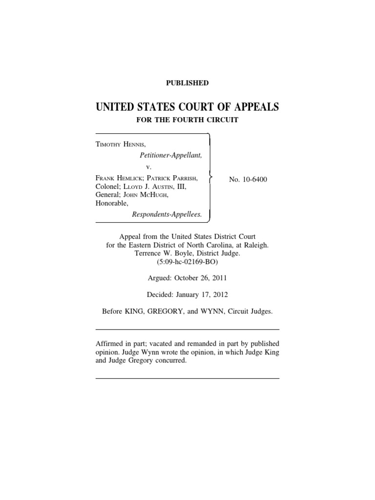 Timothy Hennis v. Frank Hemlick, 4th Cir. (2012) | PDF | Abstention ...