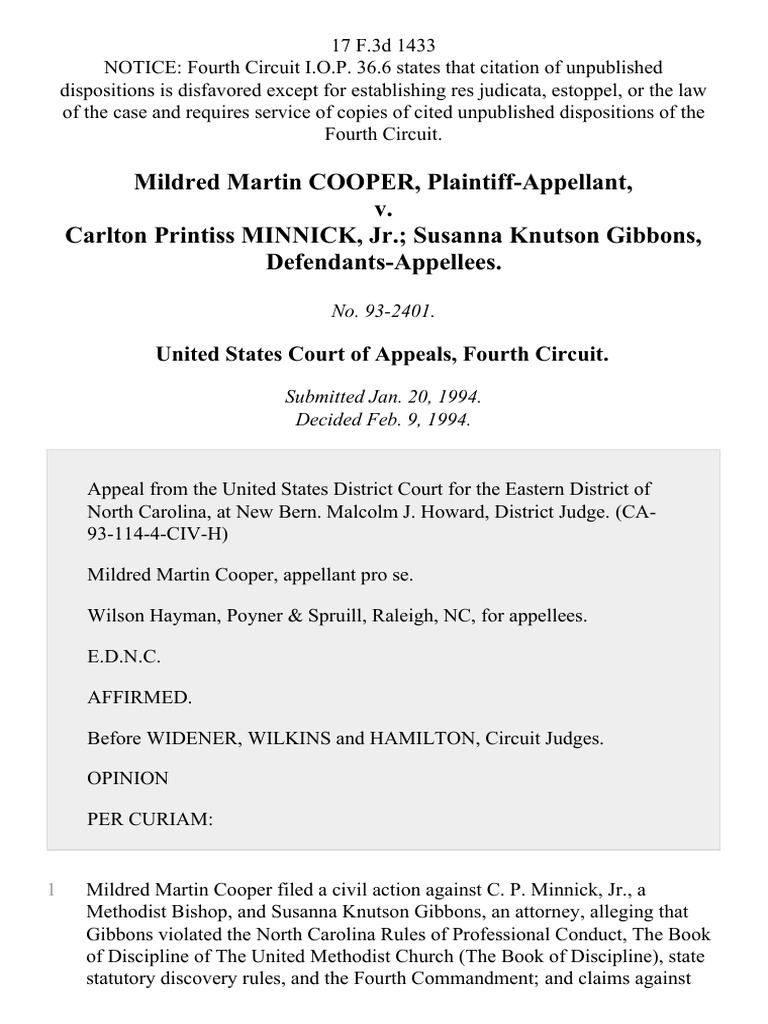Mildred Martin Cooper v. Carlton Printiss Minnick, Jr. Susanna Knutson ...
