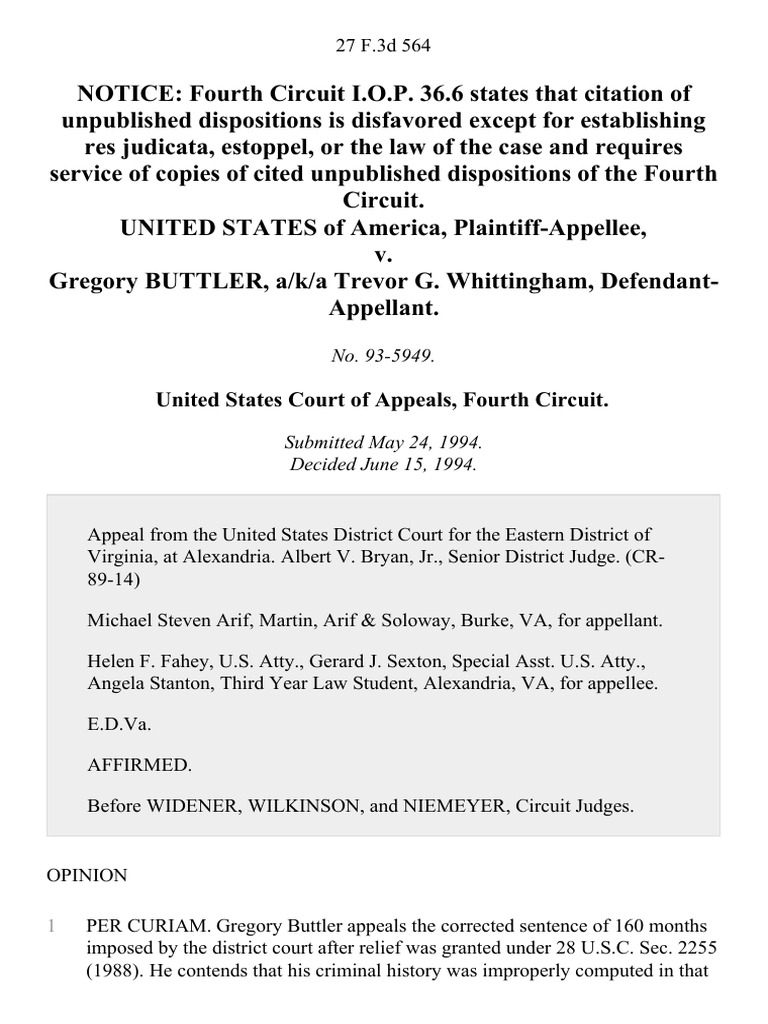 United States v. Gregory Buttler, A/K/A Trevor G. Whittingham, 27 F.3d ...