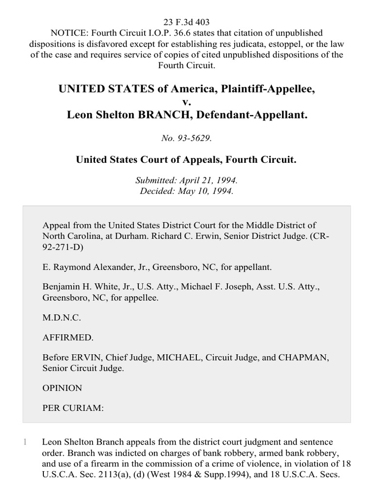 United States v. Leon Shelton Branch, 23 F.3d 403, 4th Cir. (1994 ...