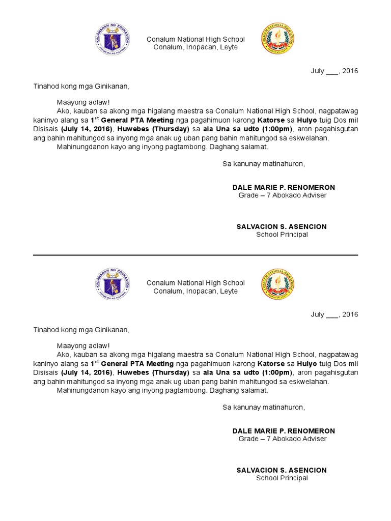 PTA Meeting LETTER To Parents | PDF