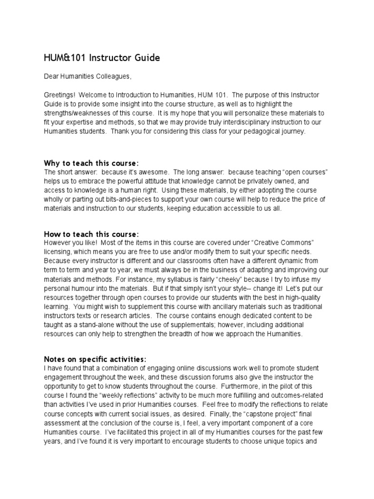 Hum 101 Instructor Course Guide | PDF | Educational Assessment | Humanities
