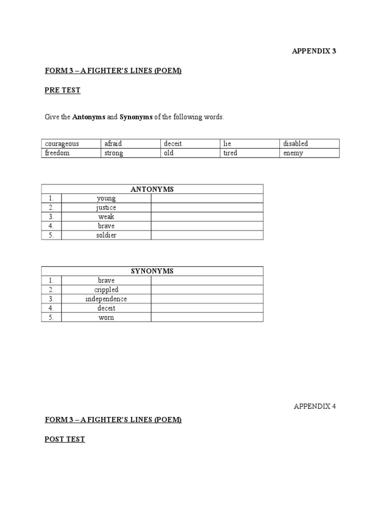 Appendix 3 Form 3 - A Fighter'S Lines (Poem) Pre Test: Give The ...