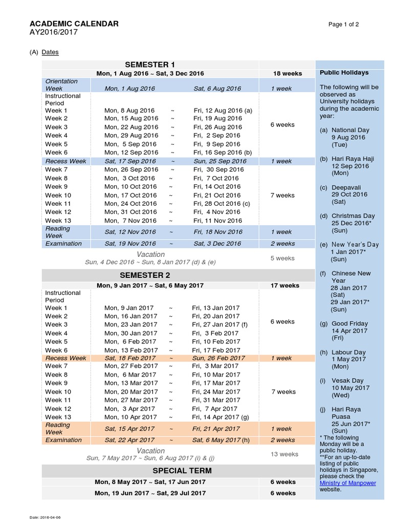 Academic Calendar for the 2016/2017 Academic Year: A Comprehensive ...