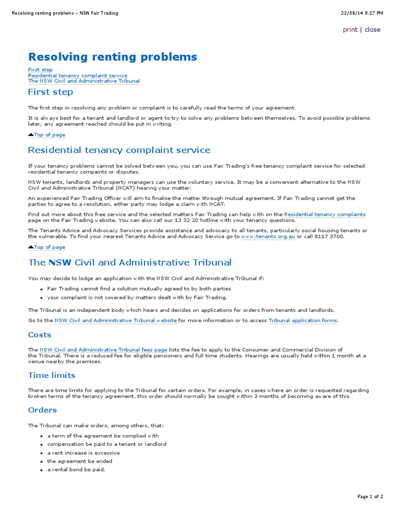 Resolving Renting Problems - NSW Fair Trading | PDF | Leasehold Estate ...