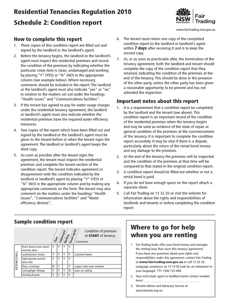 Residential Tenancies Regulation 2010 Schedule 2: Condition Report ...