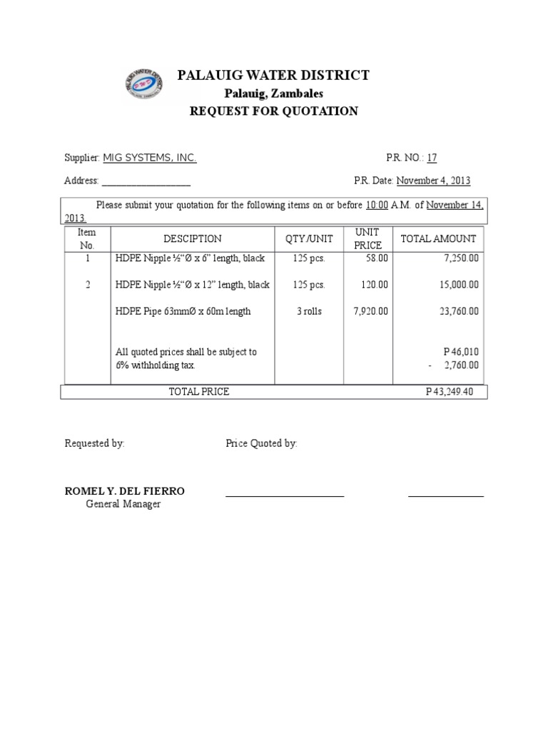 Request For Quotation - PWD | PDF