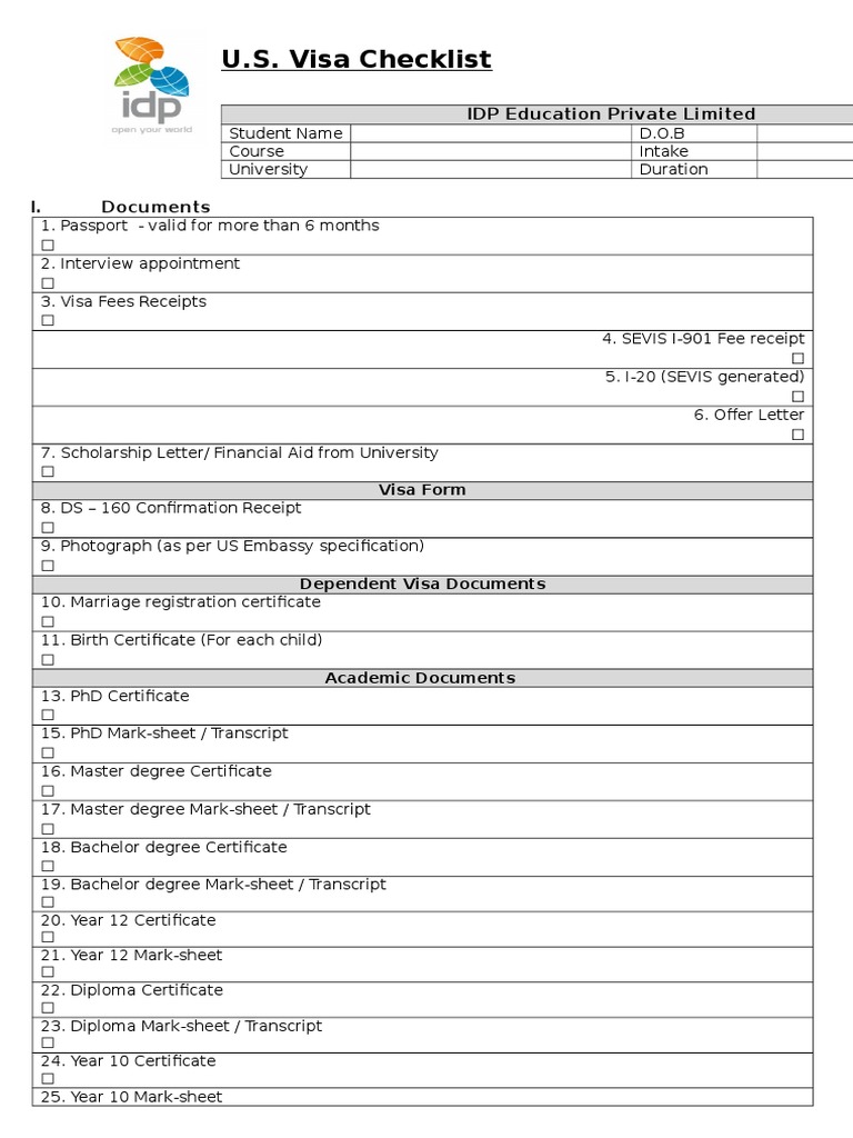 U S Visa Checklist Idp Education Private Limited Pdf