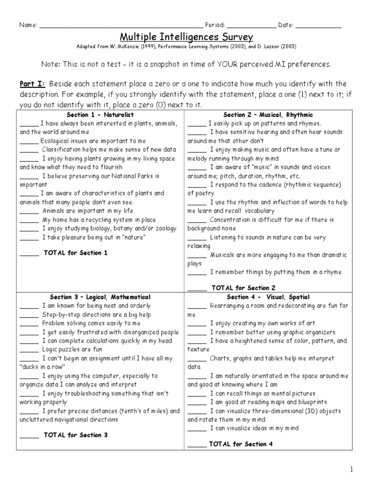 Multiple Intelligences Survey Form | PDF | Rhythm | Intelligence