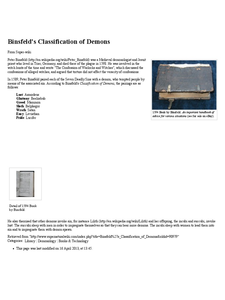 Binsfeld's Demon Classifications Explained | PDF | Demonology | Demons