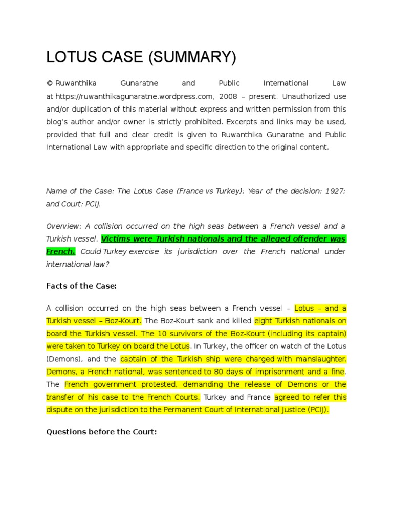Lotus Case Summary: France vs Turkey 1927 PCIJ | PDF | Jurisdiction ...