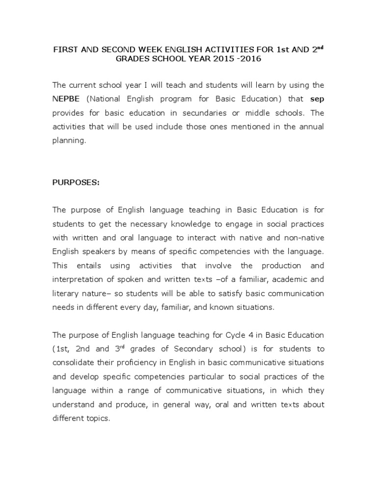 First and Second Week English Activities For 1st and 2nd Grades School ...