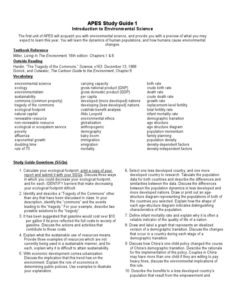 Unit 1 Study Guide Apes | PDF | Sustainability | Demography