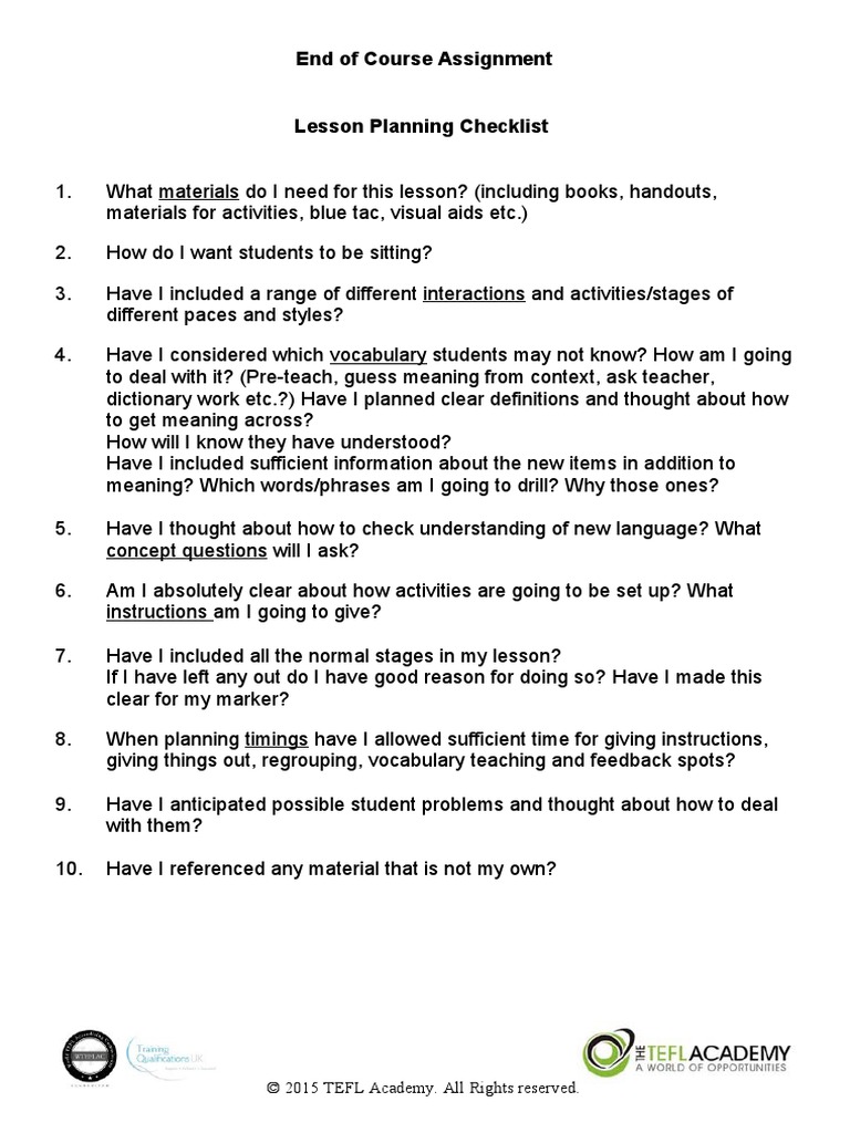 Lesson Planning Checklist and How This Assignment Will Be Graded | PDF ...