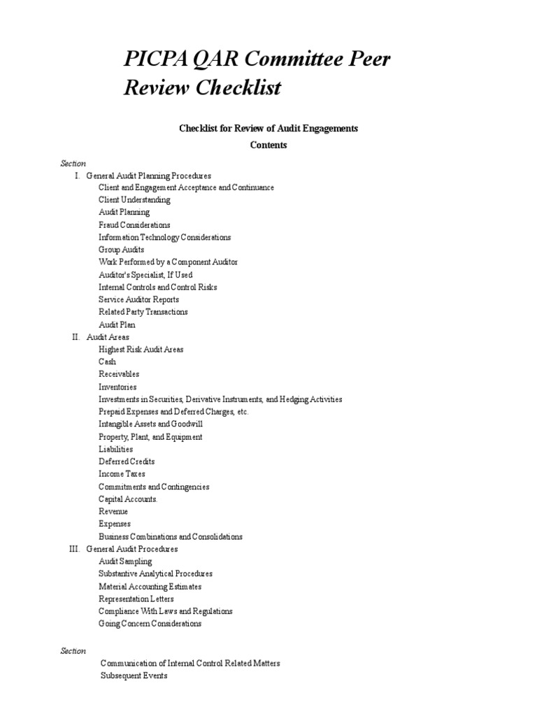 PICPA QAR Peer Review Checklist | PDF | Financial Audit | Internal Control