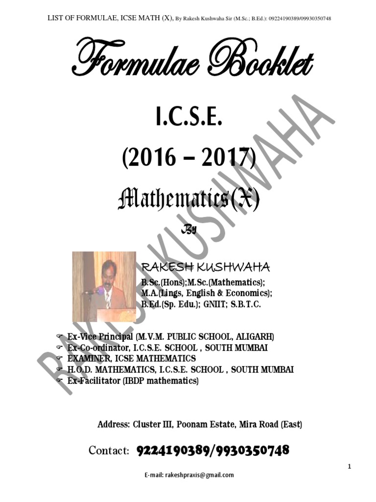 ICSE Mathematics Formulae Booklet 2016-2017 | PDF | Circle | Area