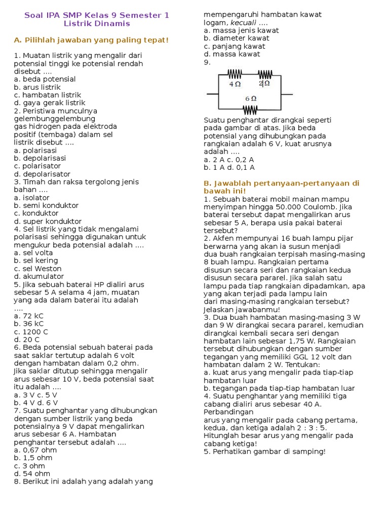 Soal IPA SMP Kelas 9 Semester 1 Listrik Dinamis | PDF